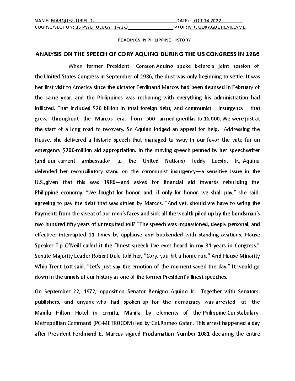 Analysis of Cory Aquino's 1986 US Congress Speech (BS Psychology) - Studocu