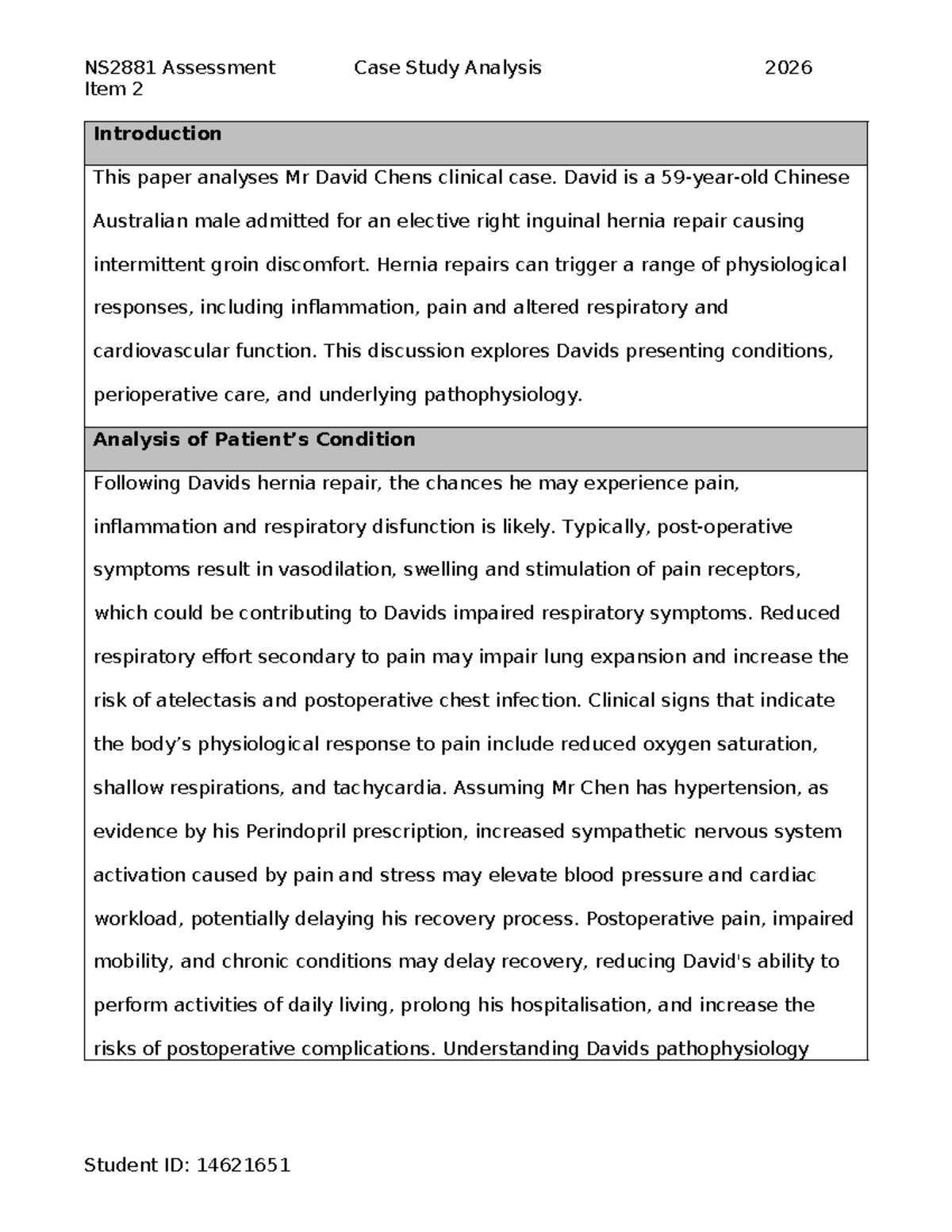 NS2881 Assessment Item 2: Case Study Analysis of Postoperative Care for ...