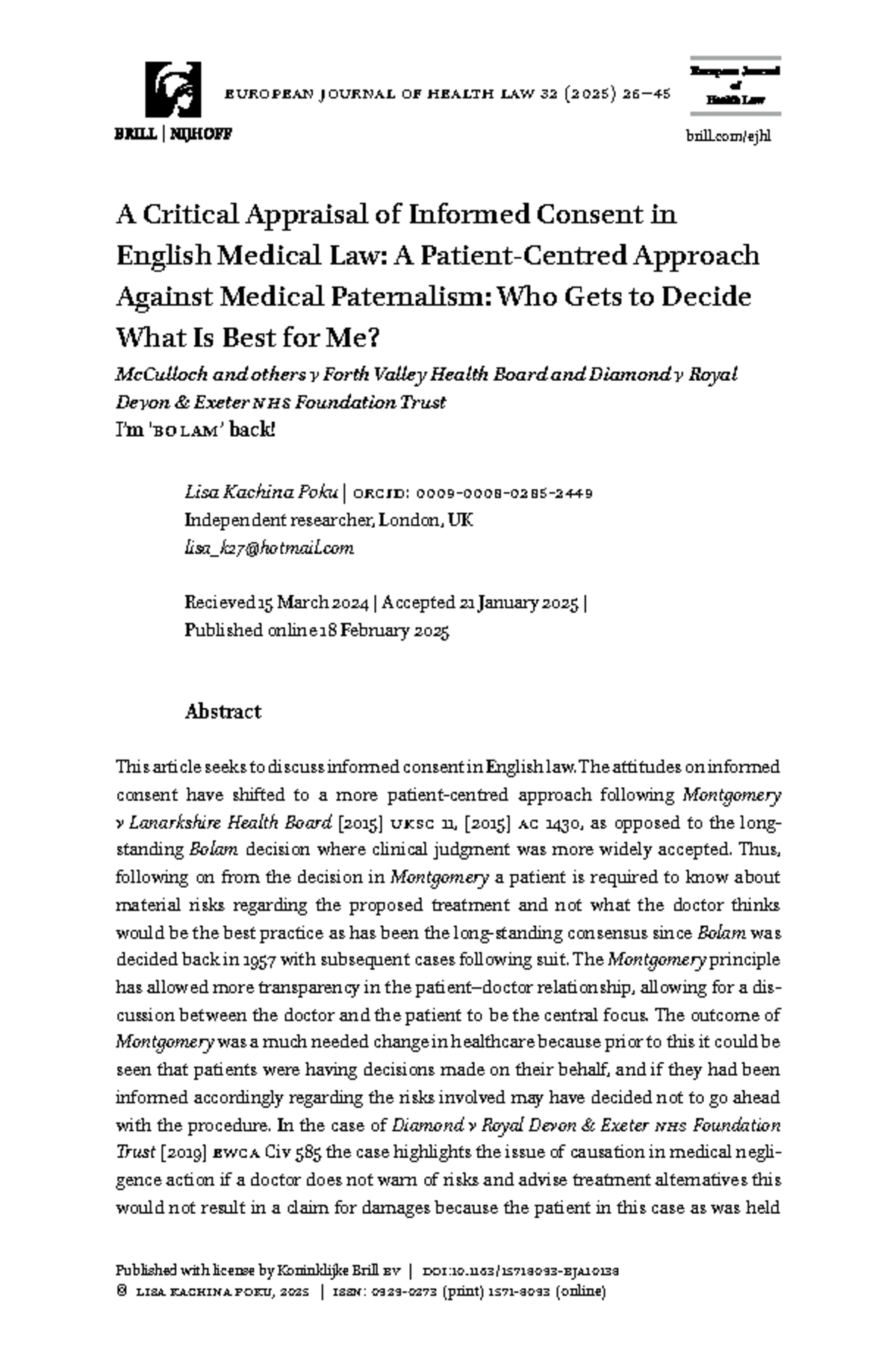 A Critical Appraisal of Informed Consent in English Medical Law (HL32 ...