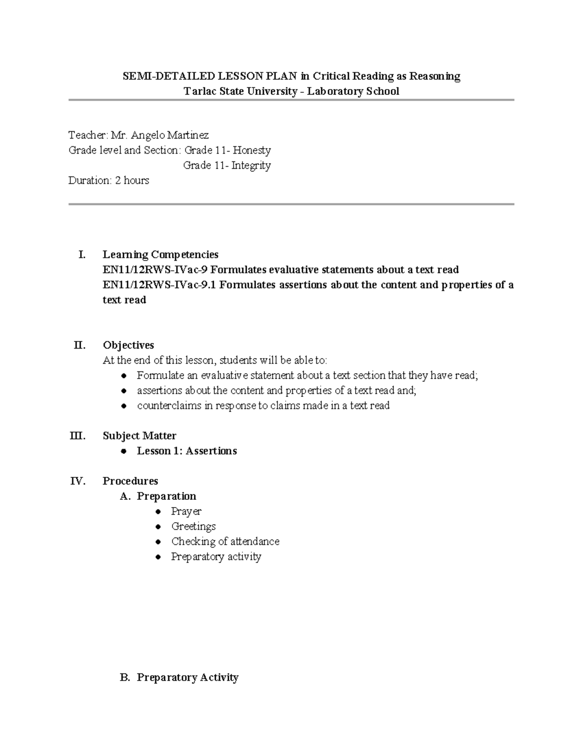 Lesson Plan: Critical Reading as Reasoning (EN11/12RWS-IVac-9) - Studocu
