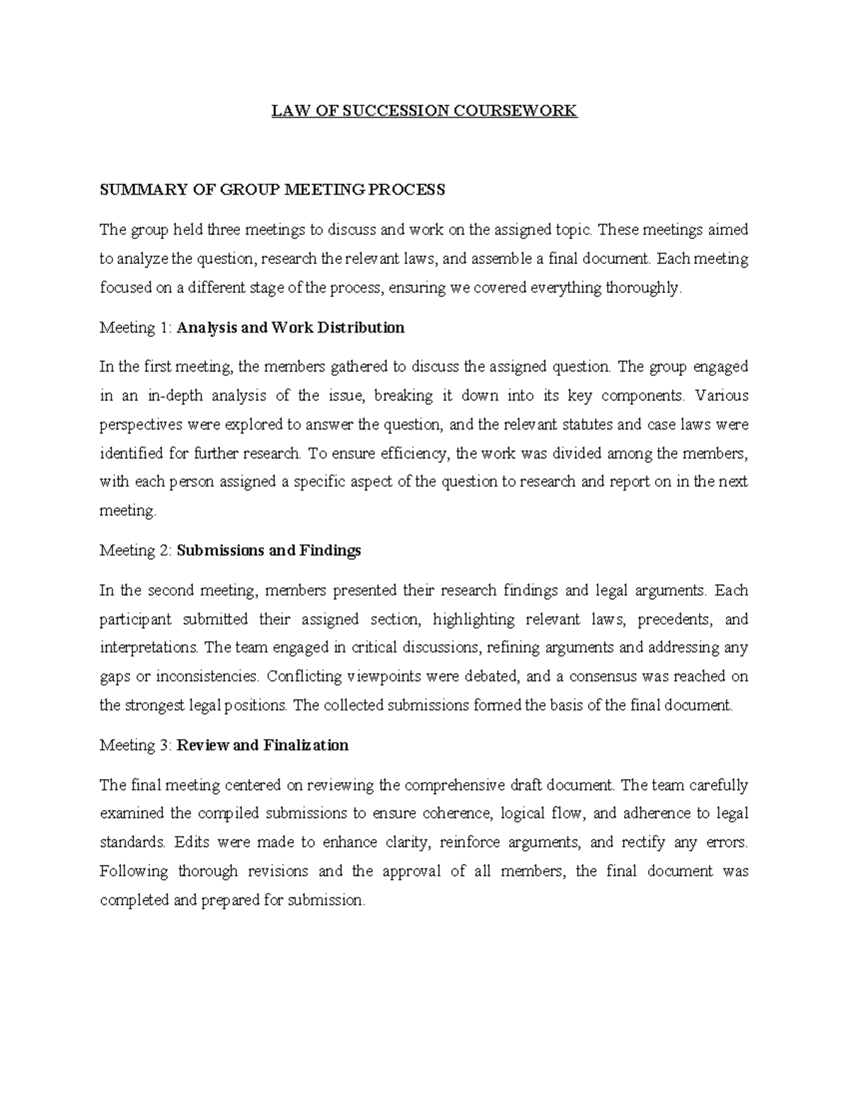 LAW OF SUCCESSION (LAW 101) GROUP MEETING SUMMARY AND PROCESS - Studocu