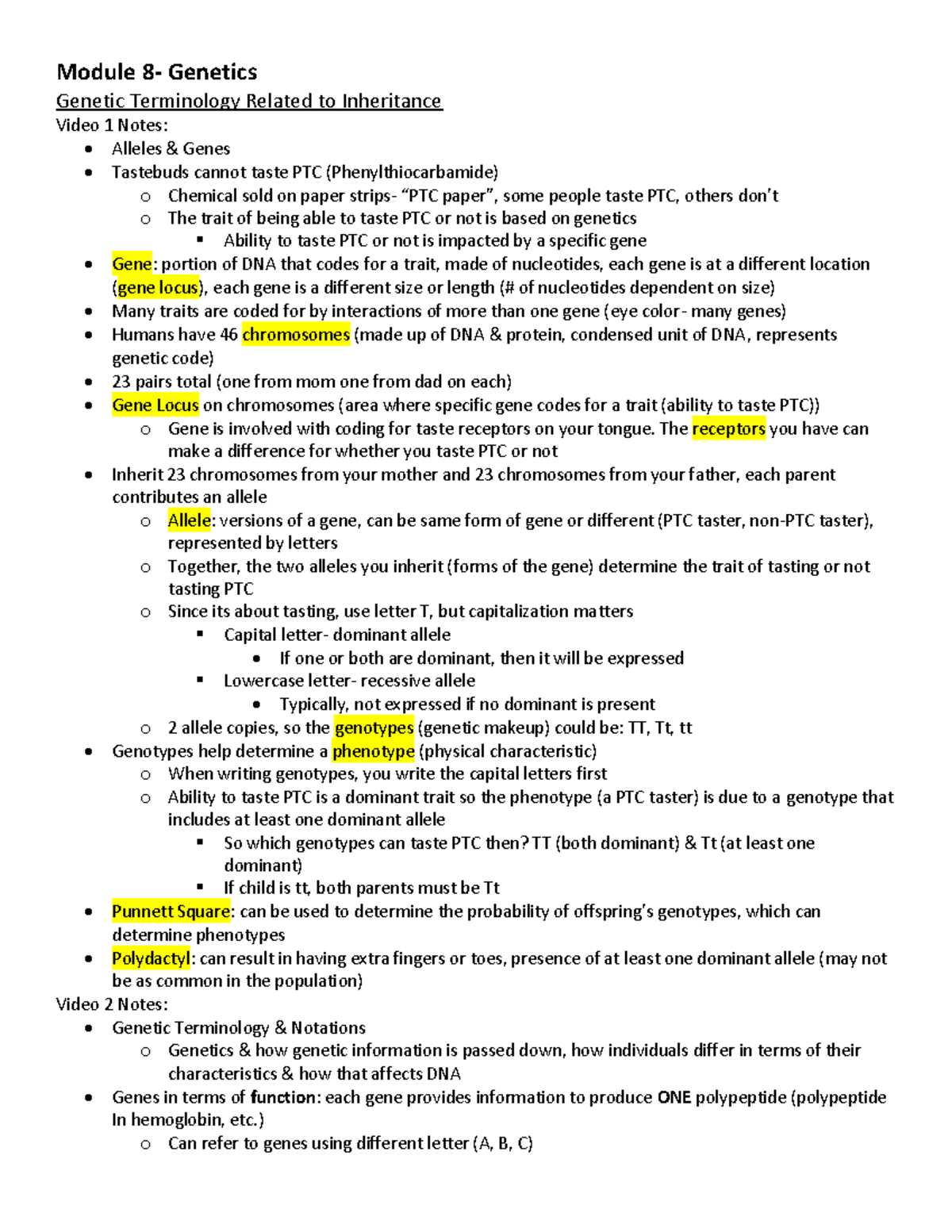 Module 8 Notes- Genetics - Module 8- Genetics Genetic Terminology ...