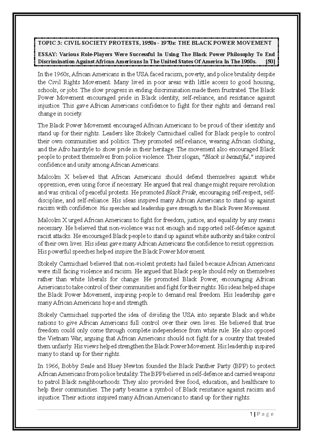 CIVIL SOCIETY PROTESTS: BLACK POWER MOVEMENT ESSAY (1950s-1970s) - Studocu