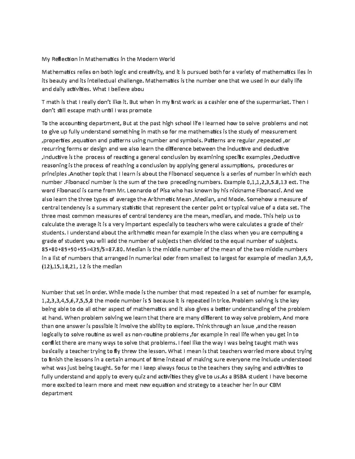 Reflection - N/A - My Reflection in Mathematics in the Modern World ...