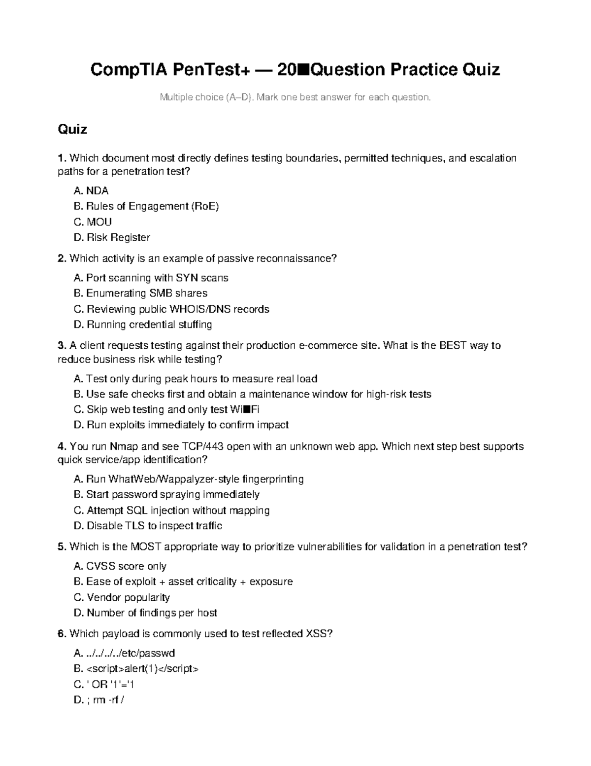 Pen Test+ Quiz: 20 Questions with Answer Key for Practice - Studocu
