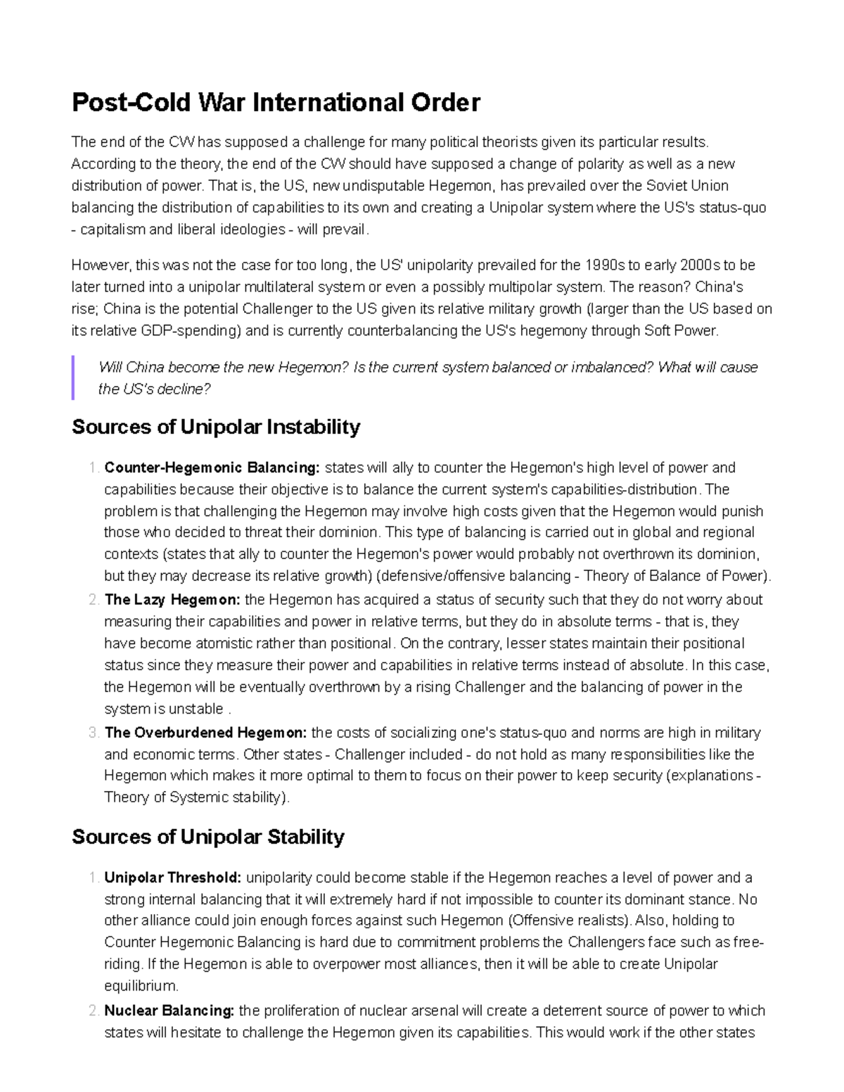 Post-Cold War International Order - According to the theory, the end of ...