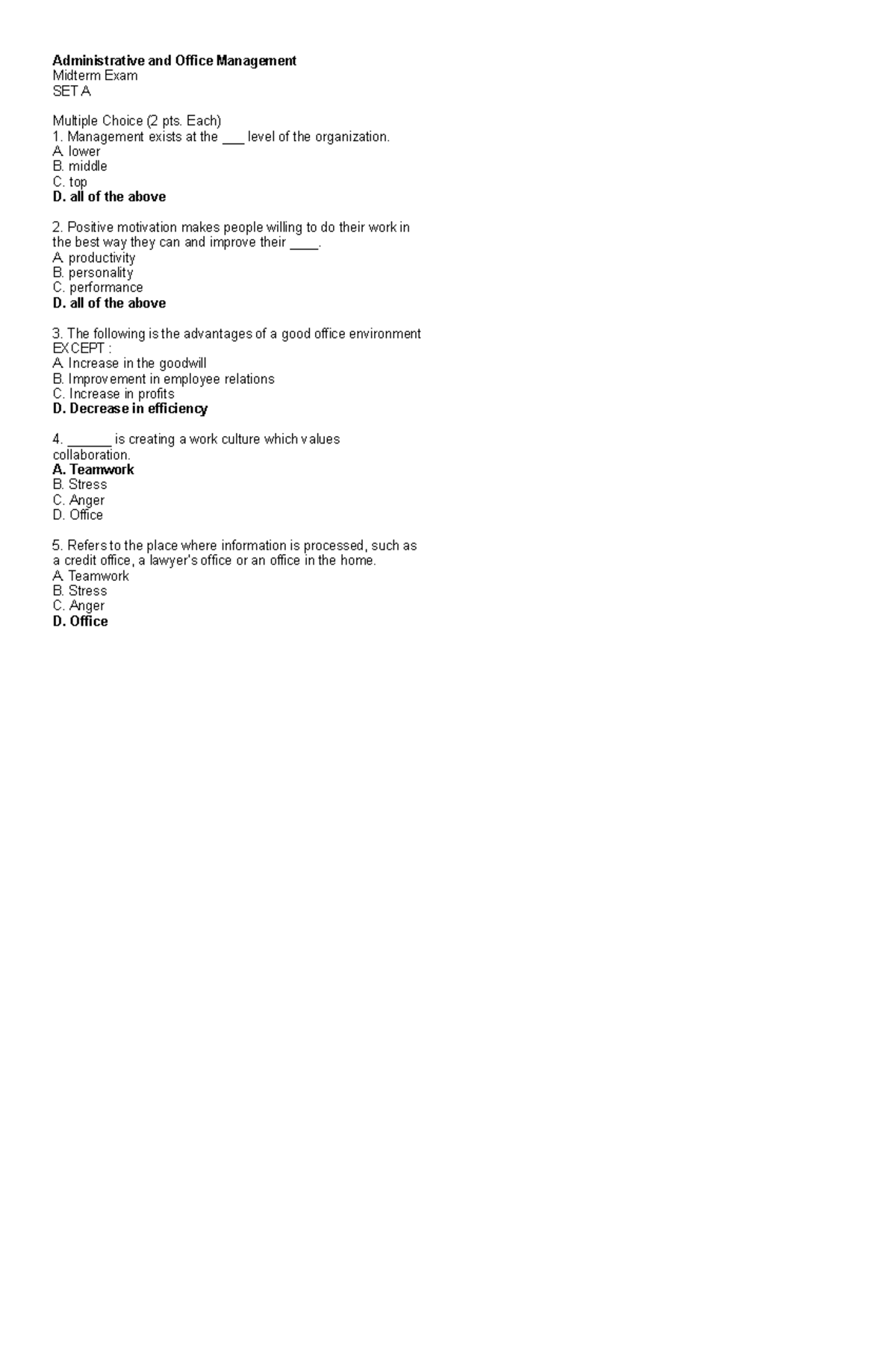Administrative and Office Management Midterm Exam - Set A - Studocu