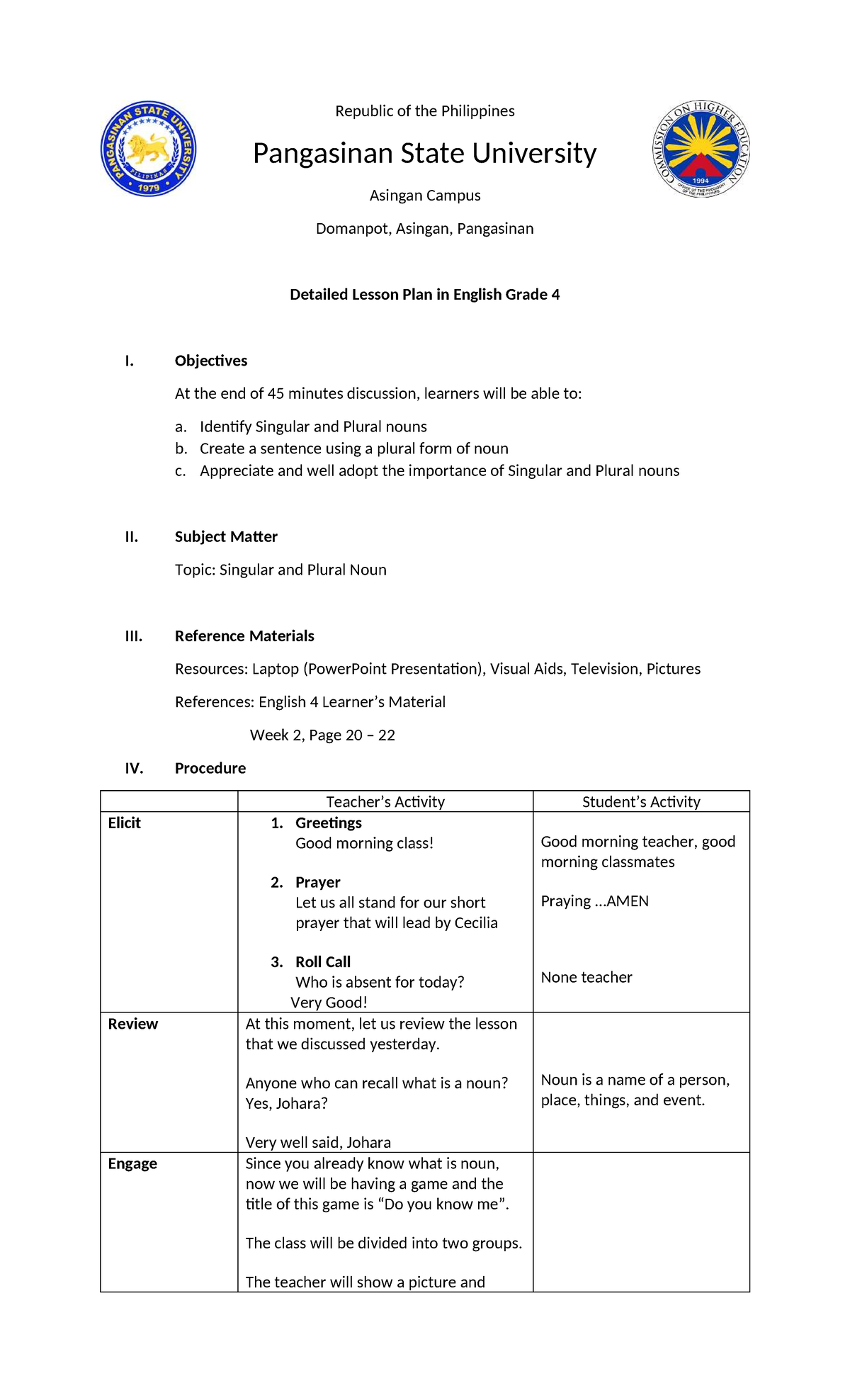 DLP English 4: Detailed Lesson Plan on Singular and Plural Nouns - Studocu