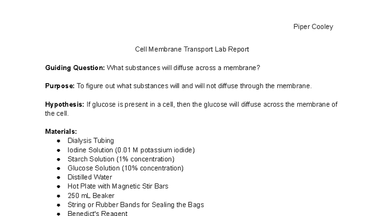 Piper Cooley Cell Membrane Transport Lab Report: Diffusion of ...