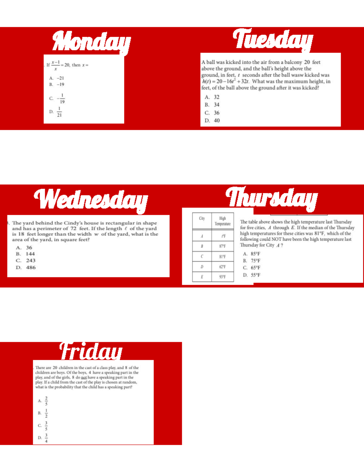 Week 26 bell ringer - Monday Tuesday x 1 If 20, then x A ball was ...