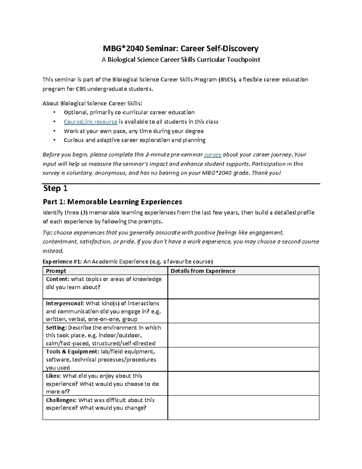 MBG2040 Seminar: Career Self-Discovery Worksheet for Biological ...