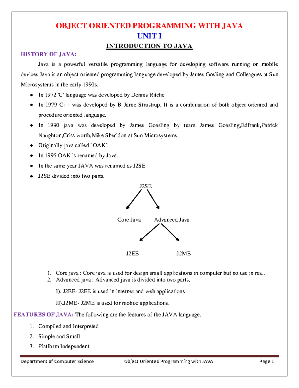 OOP with Java: Unit I - Introduction & History of Java - Studocu