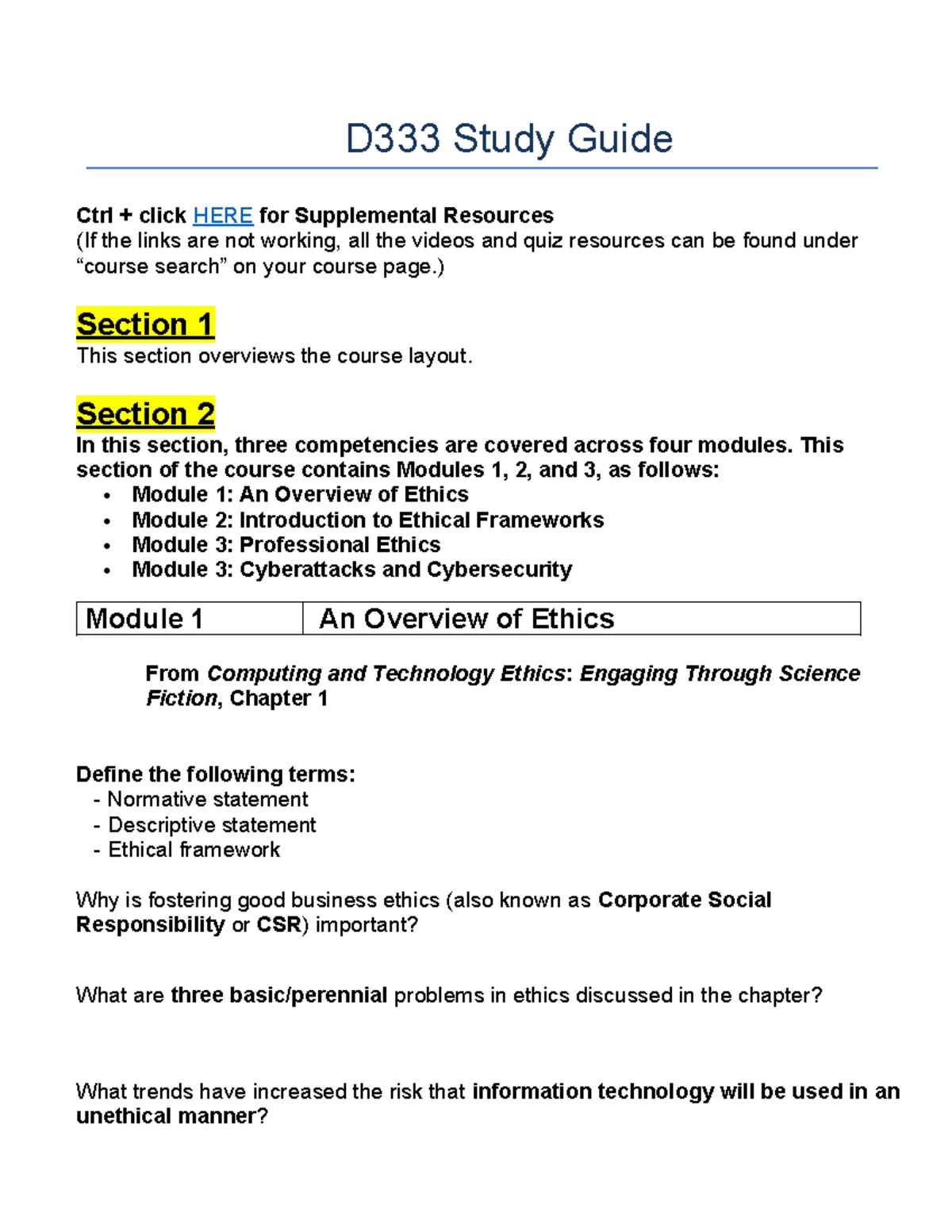 D333 Study Guide V2 - Comprehensive Overview of Ethics Modules - Studocu