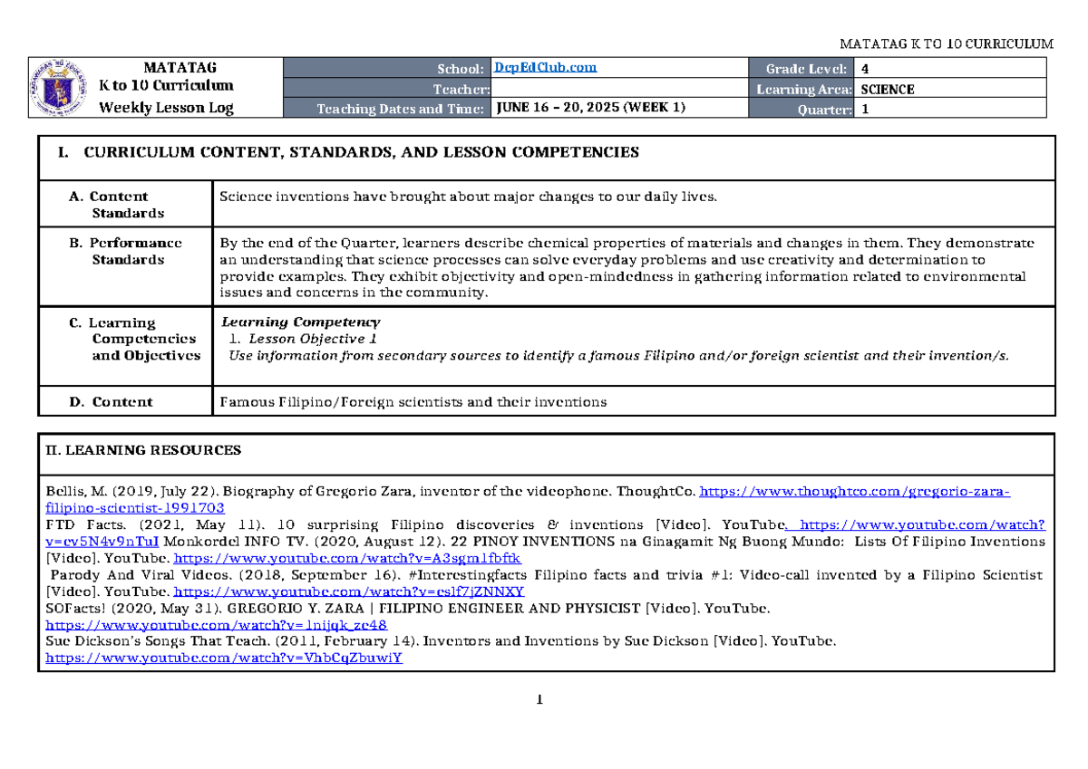DLL MATATAG K to 10 SCIENCE 4 Q1 W1 Weekly Lesson Log - Studocu