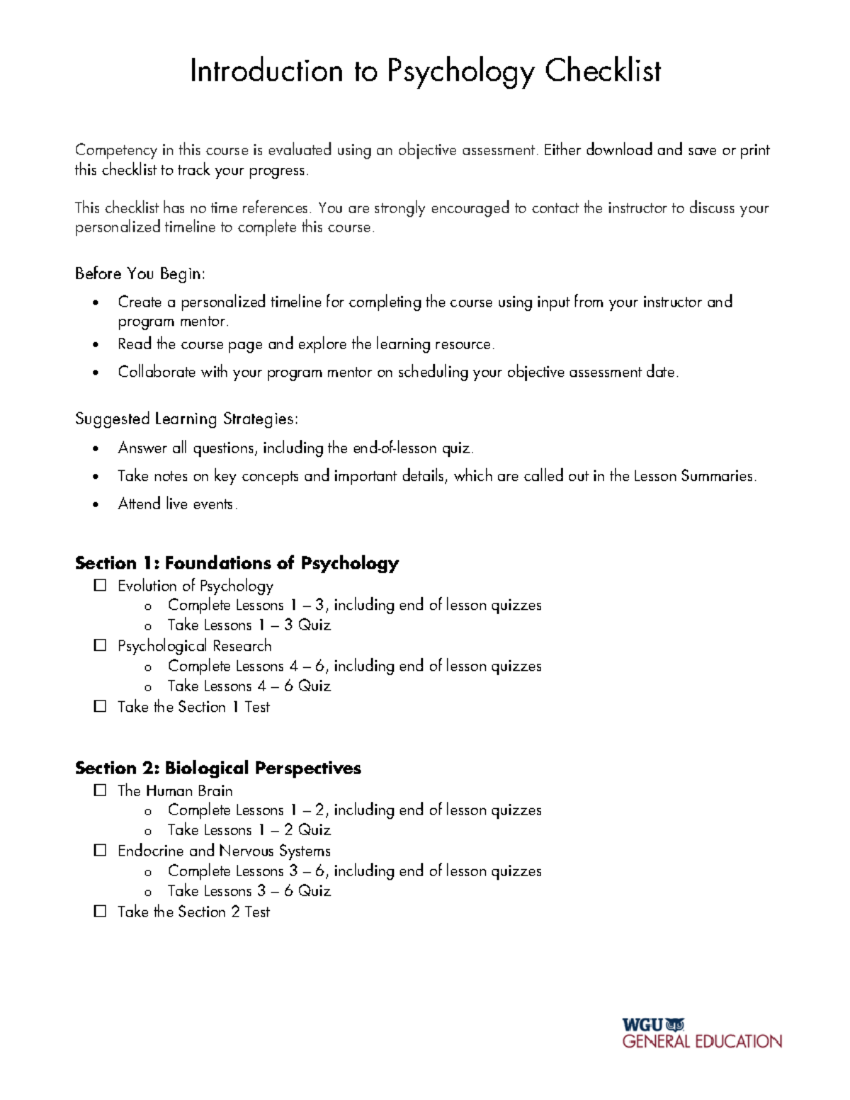 C180 Introduction to Psychology Course Checklist & Pacing Guide - Studocu