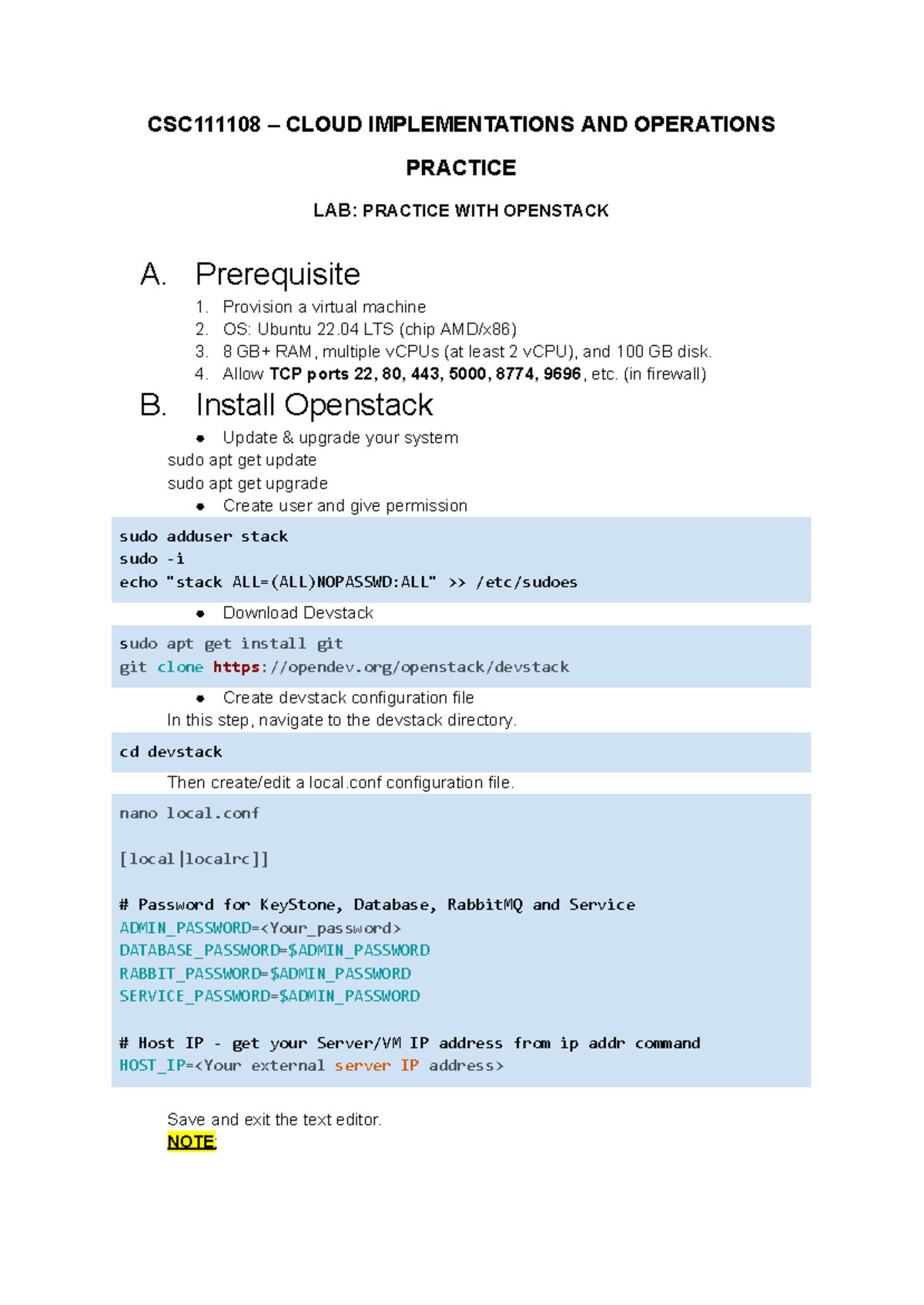 CLOUD IMPLEMENTATIONS LAB: OpenStack Practice Guide - Studocu