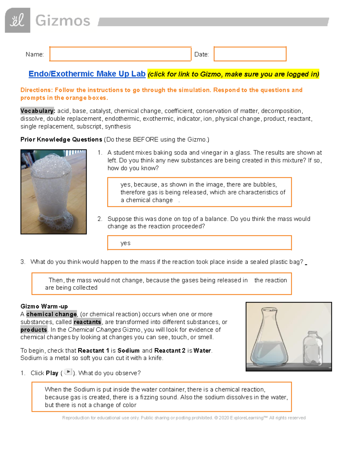 Copy of Endo Exo Make Up Lab - Name: Date: Endo/Exothermic Make Up Lab ...