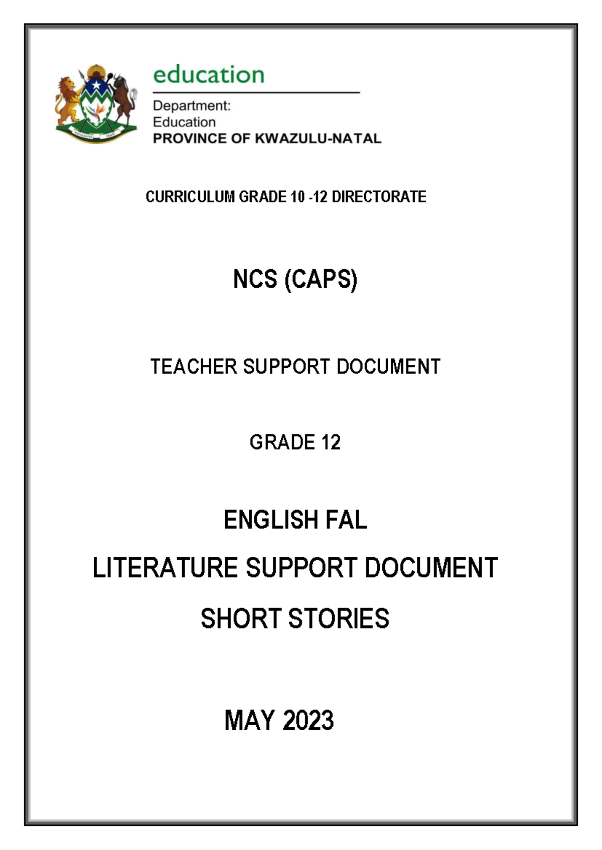 2023 KZN English FAL Grade 12 Literature Support: Short Stories Guide ...