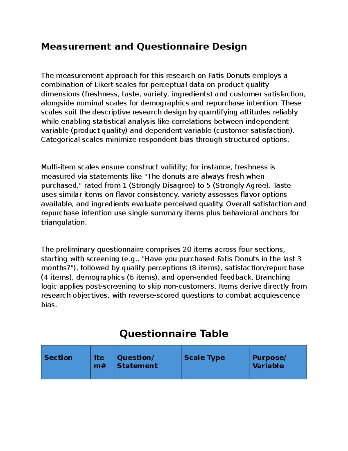 Measurement and Questionnaire Design for Fatis Donuts Research - Studocu