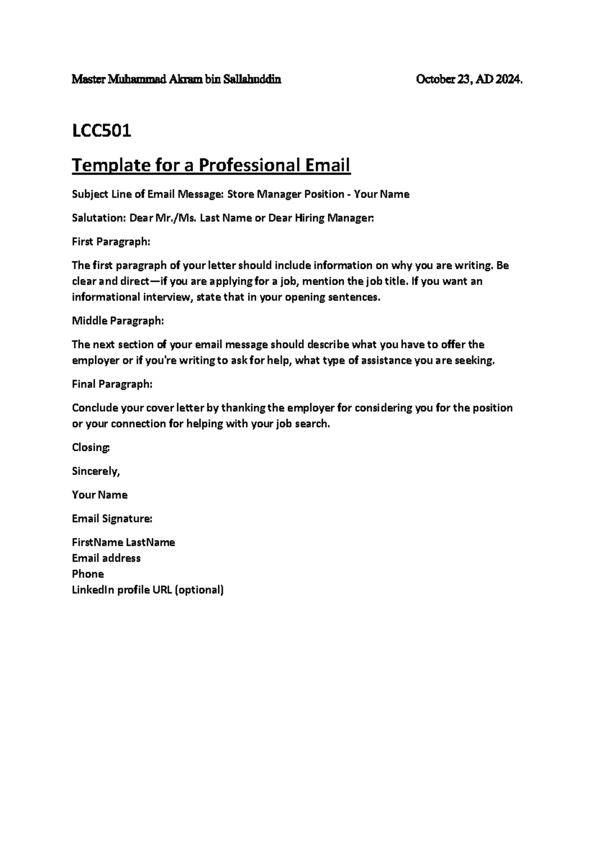 LCC501 - Professional Email Writing Template and Guidelines - Studocu
