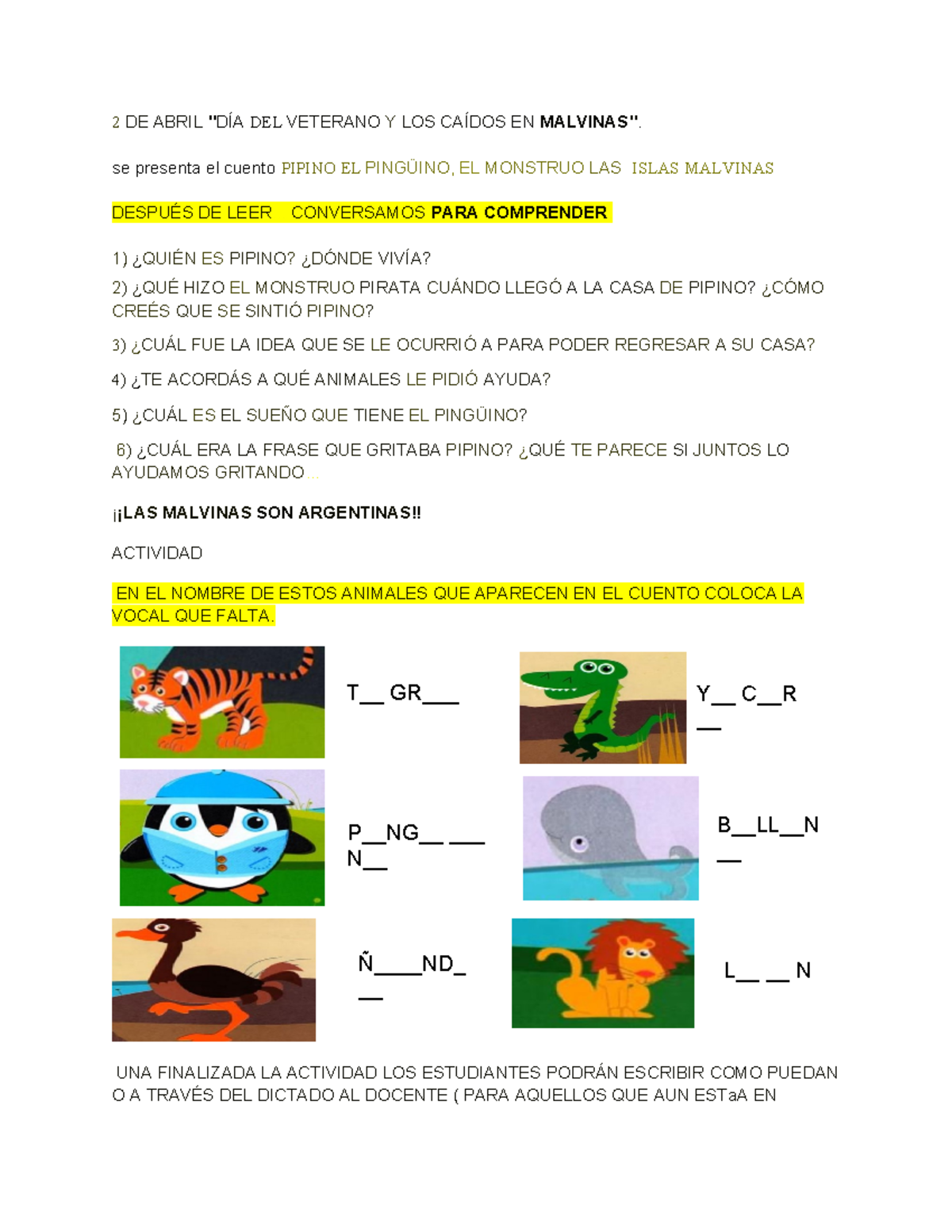 Cuento de Pipino el Pingüino: Actividades 2 de abril 2023 - Studocu