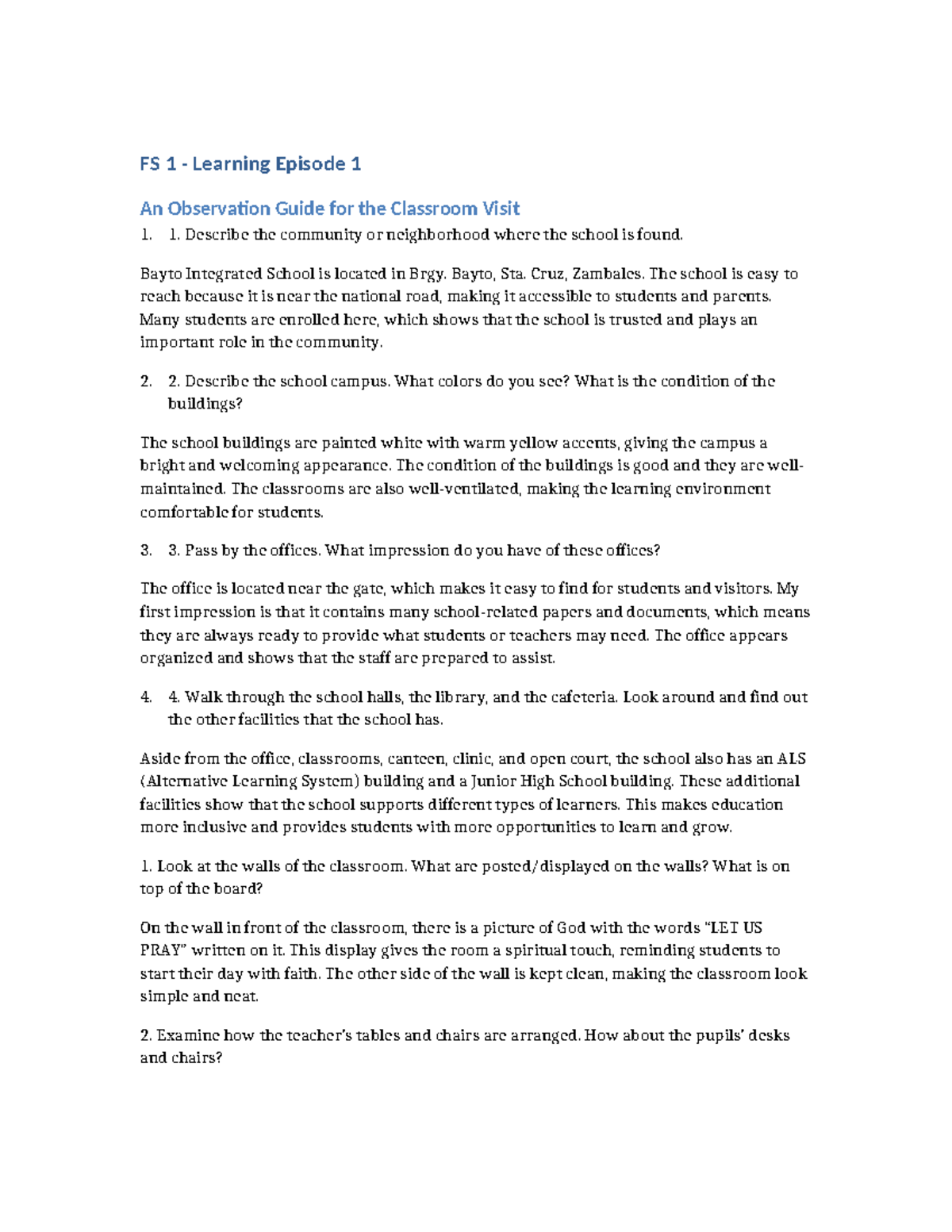 FS 1 Classroom Visit Observation: Community & School Insights - Studocu