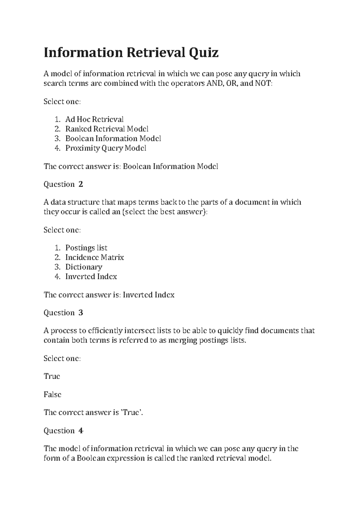 Quiz 3 April, questions and answers - Information Retrieval Quiz A ...