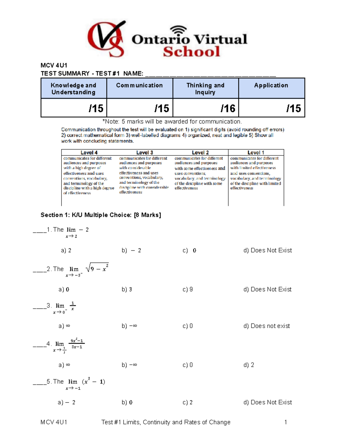 MCV 4U1 Test #1 summary on limits, continuity, and rates of change ...