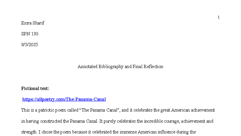 SPN 130 Annotated Bibliography & Final Reflection on Panama Canal - Studocu