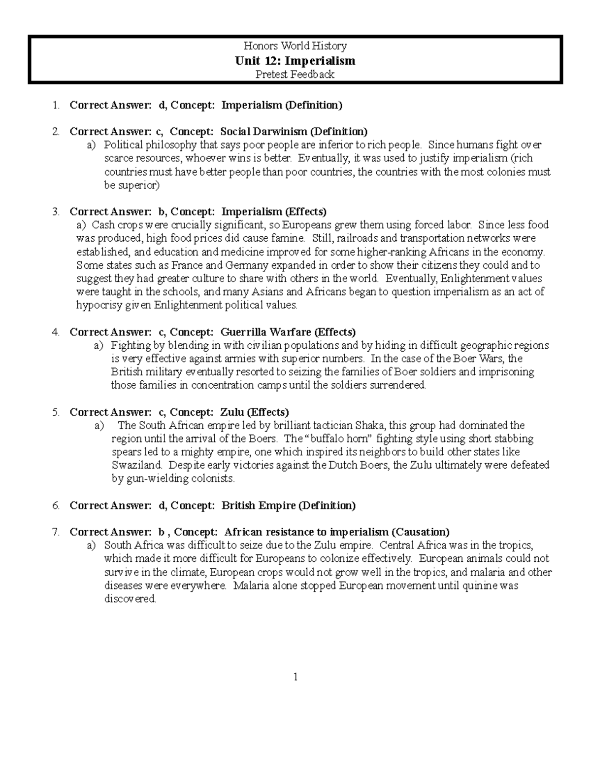 Unit 12: Imperialism Pretest Feedback - Honors World History - Studocu