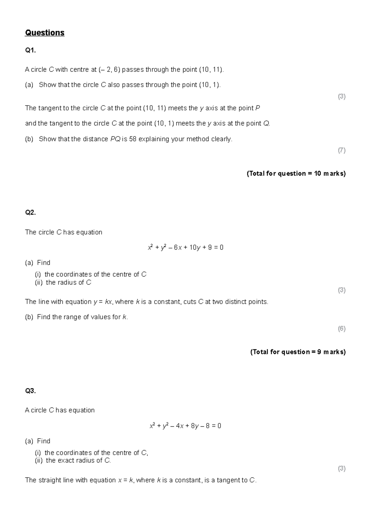 AS Circles - Pure Maths Questions for Exam Preparation - Studocu
