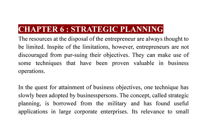 CHAPTER 6: STRATEGIC PLANNING IN ENTREPRENEURSHIP (Entrep-Pre-Fi) - Studocu