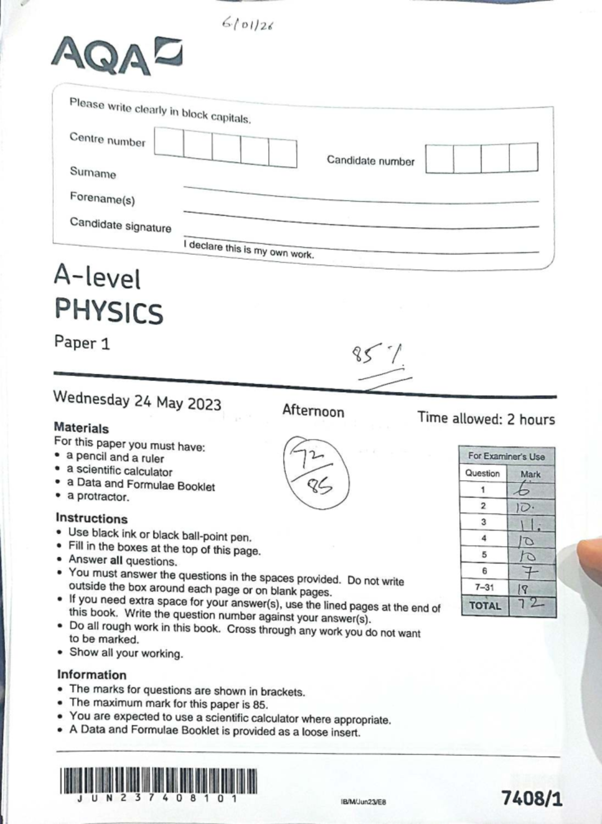 2023 AQA Physics Paper 1 Exam - Clear Instructions and Questions - Studocu