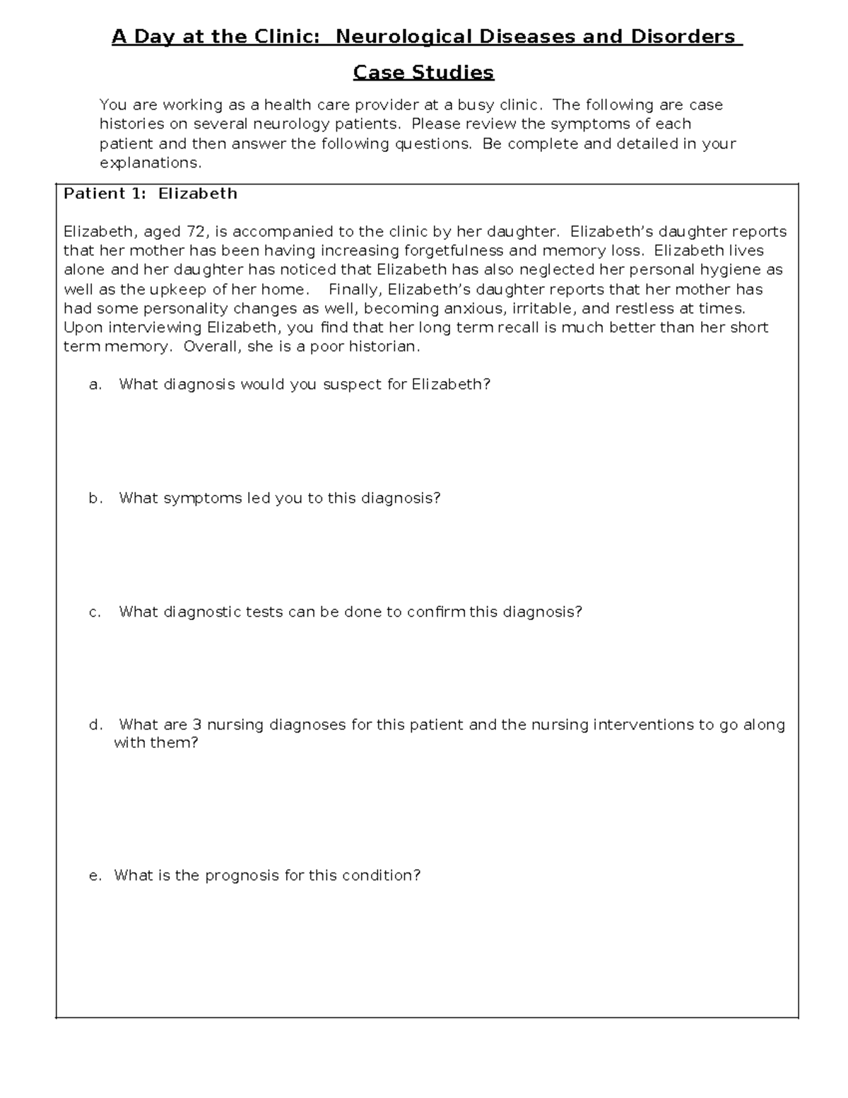 Dementia Case Study - na dsfsfs - A Day at the Clinic: Neurological ...