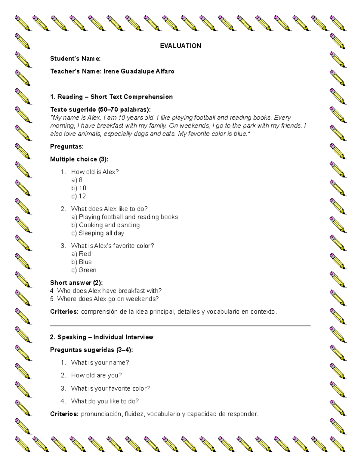 Evaluation-3rd Grade: Comprehension, Speaking & Listening Tasks - Studocu