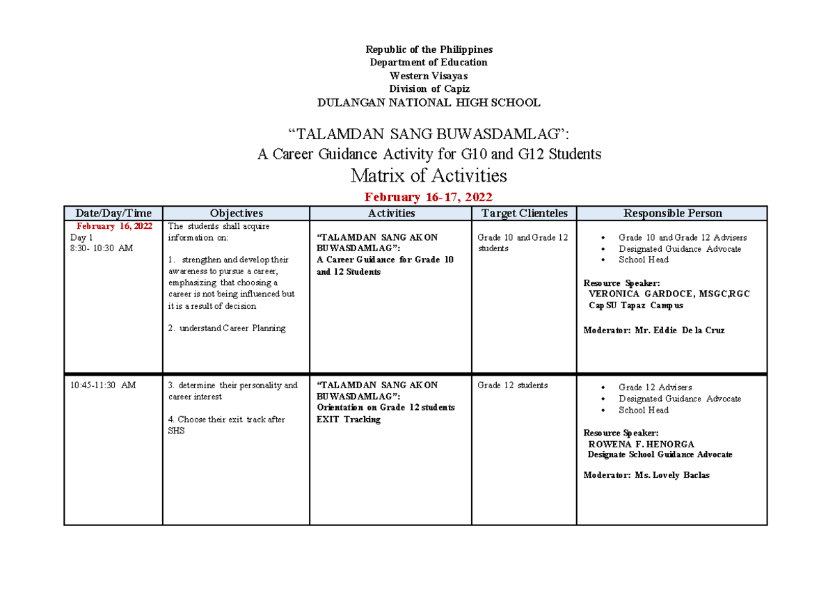 Career Guidance Matrix for G10 & G12 Students - 2022 220203064531 - Studocu