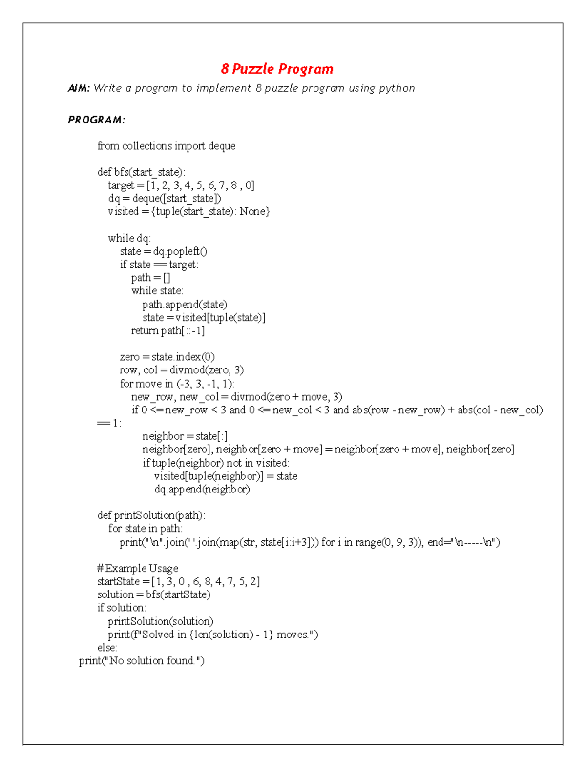 8 Puzzle Program (AI) - Implementation in Python - Studocu