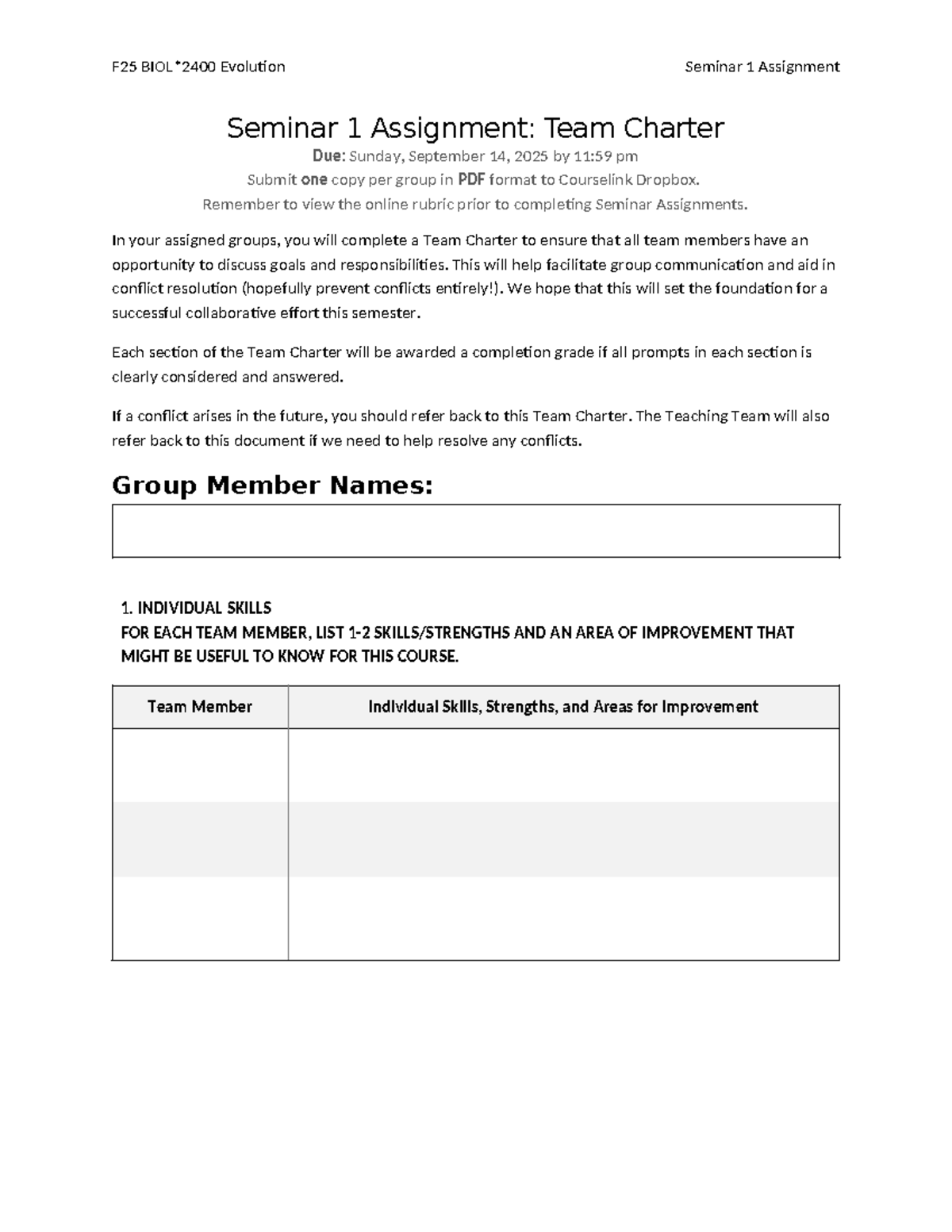 F25 Evolution Seminar 1 Team Charter Assignment Guide - Studocu