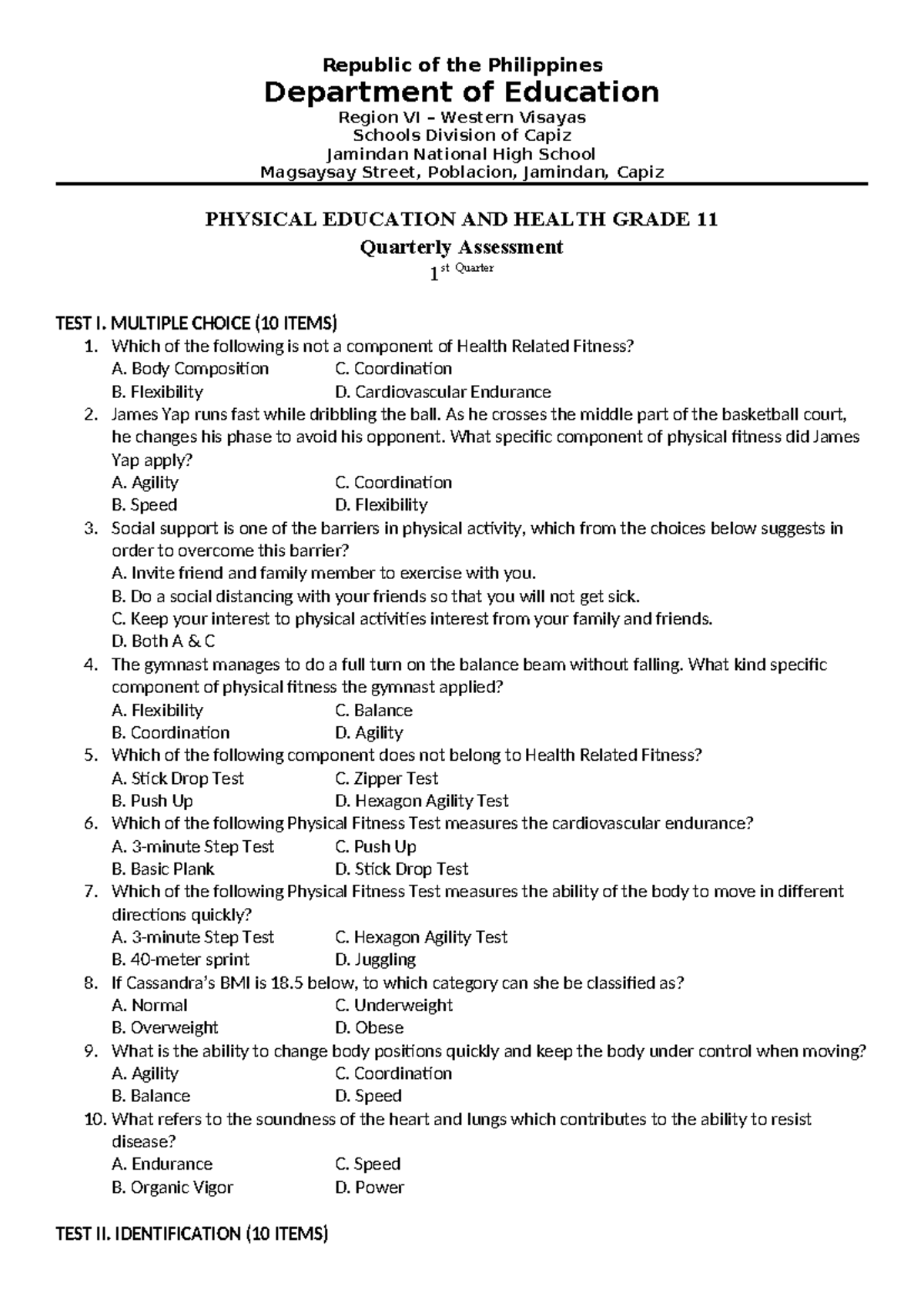 PE 11 1st Quarter Quarterly Assessment Test I & II - Studocu