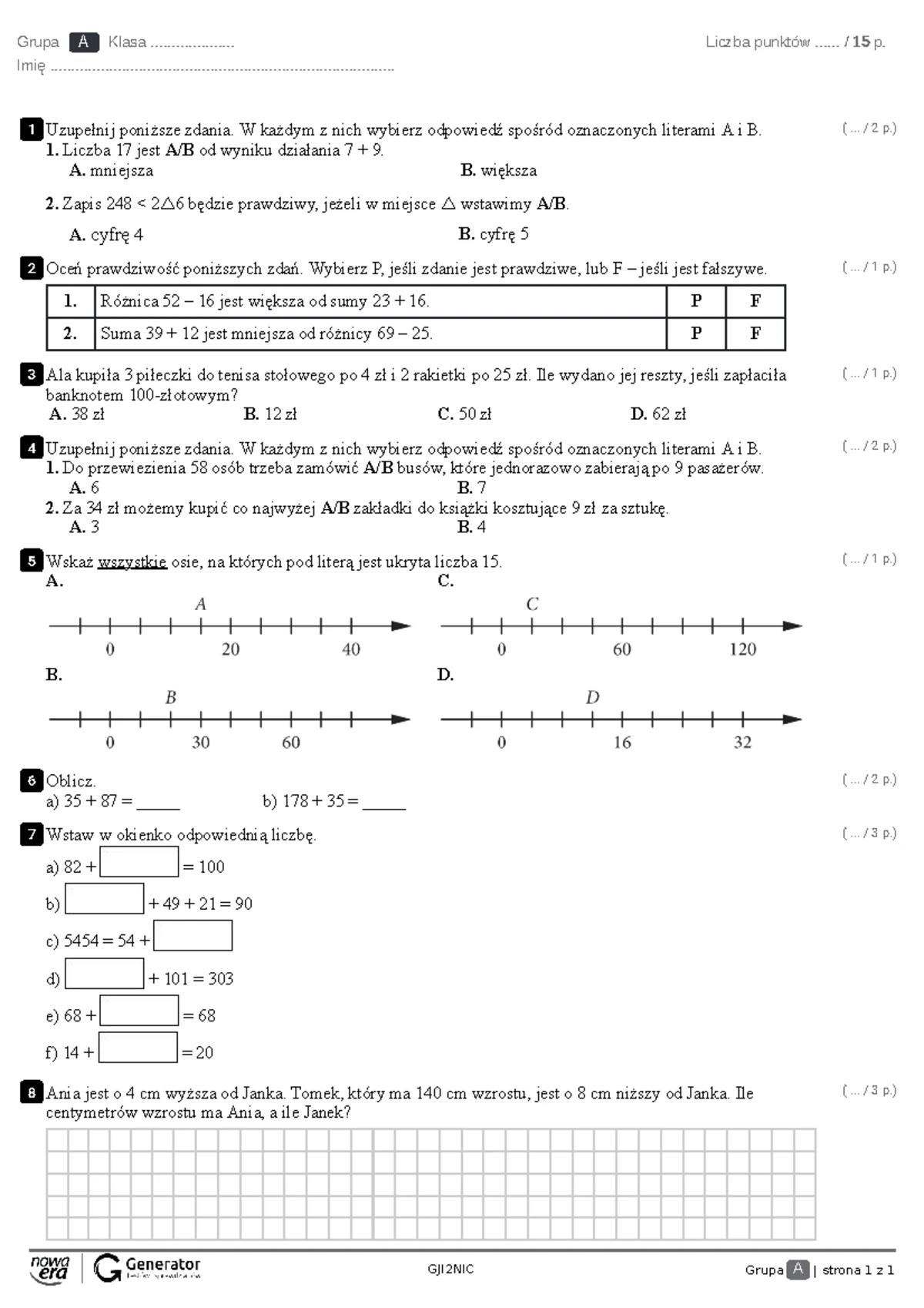 Sprawdzian matematyczny dla klasy 3 - zadania i obliczenia - Studocu