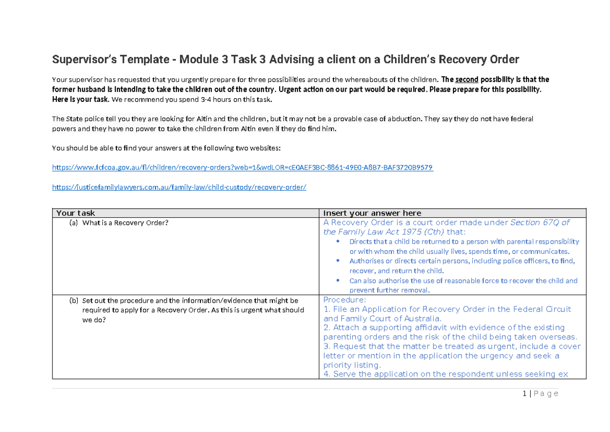 Recovery Order Guidance: Module 3 Task 3 - Client Advising - Studocu