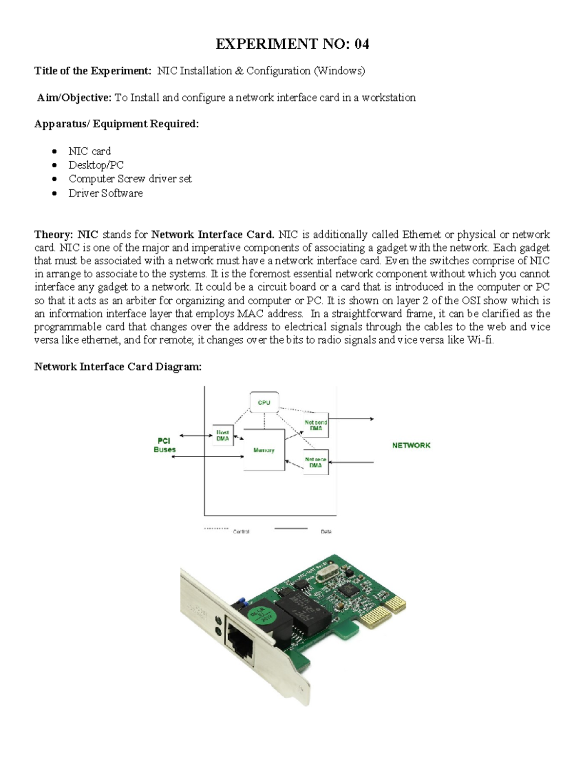 Experiment No. 04: NIC Installation & Configuration (Windows) - Studocu