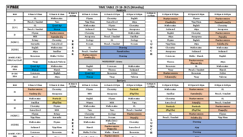 JR & SR Timetable (BiPC, DES) for 27-10-2025 - Studocu