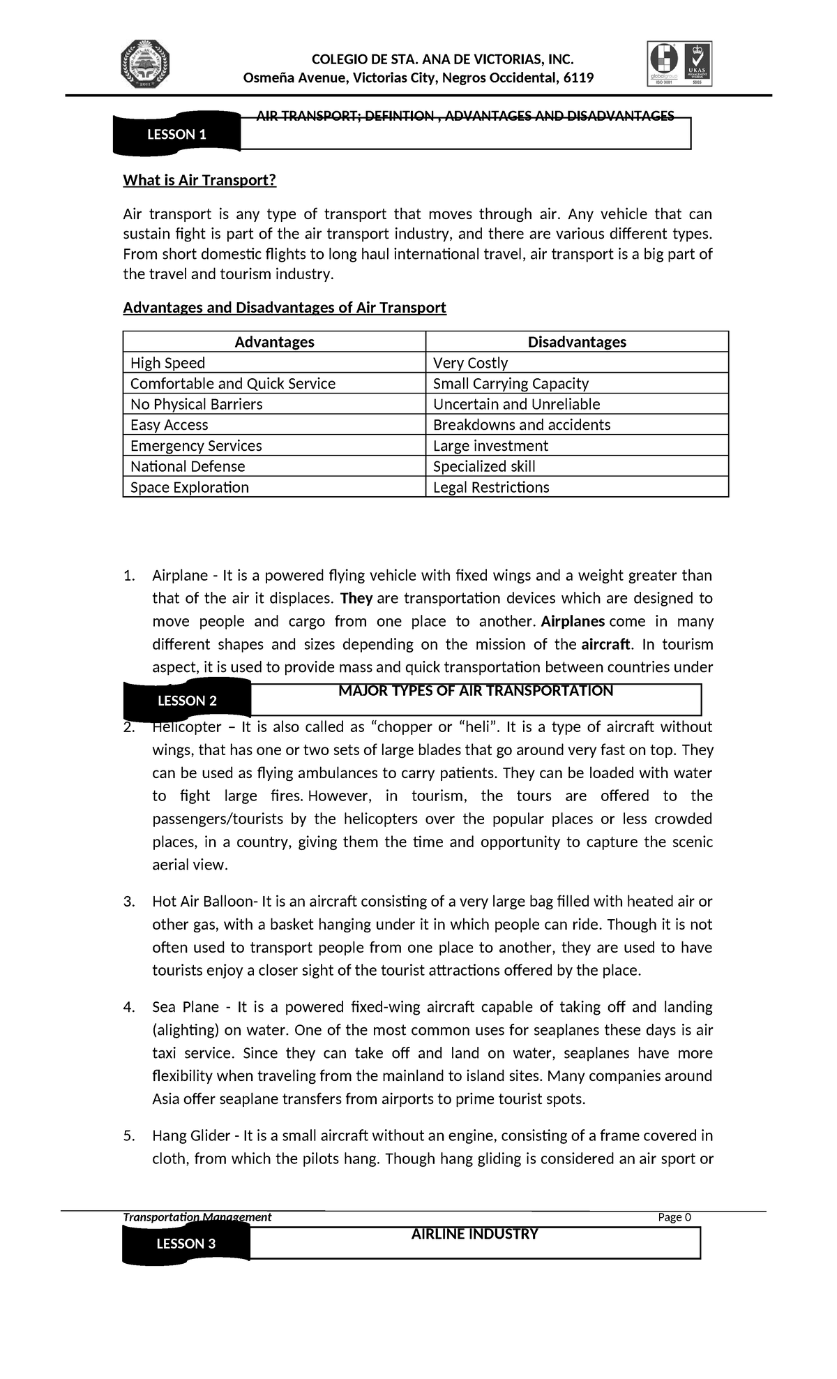 TMP 111 Module 2: Air Transport - Definitions, Types, and Models - Studocu