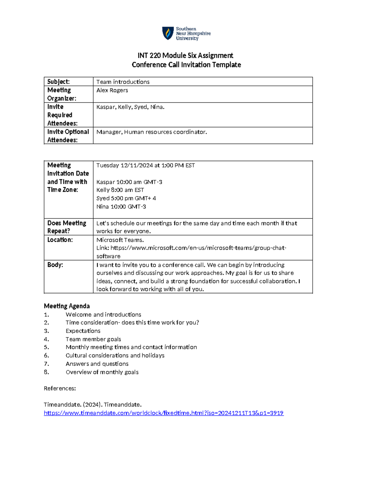 INT 220 Conference Call Invitation - INT 220 Module Six Assignment ...