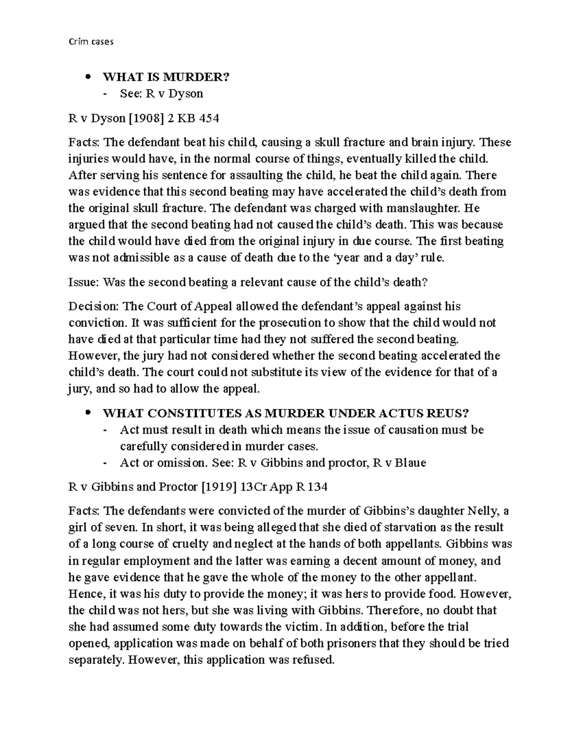 Crim 2: Key Cases and Principles in Understanding Murder and Actus Reus ...