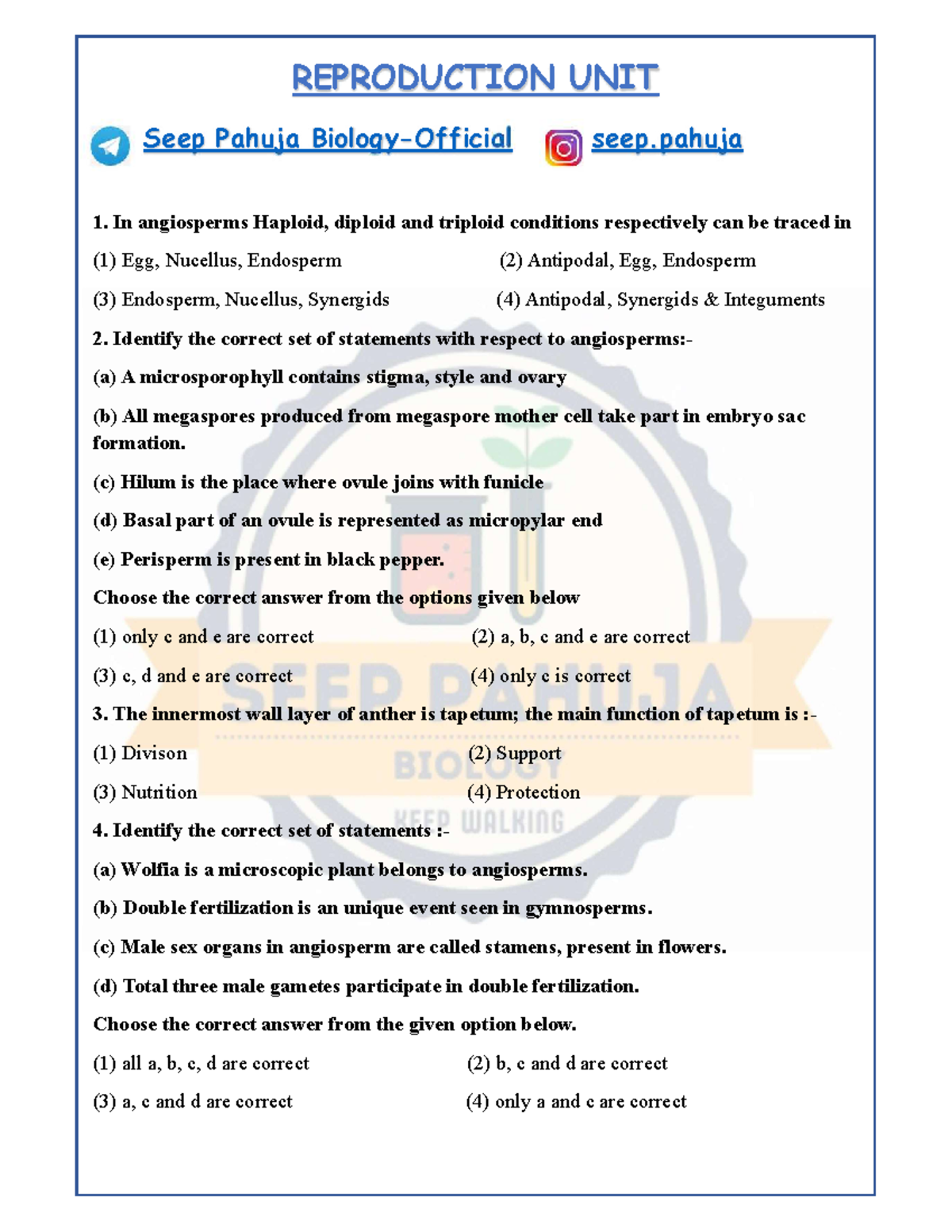 Reproduction UNIT DPP - Practice Paper on Angiosperms and Fertilization ...