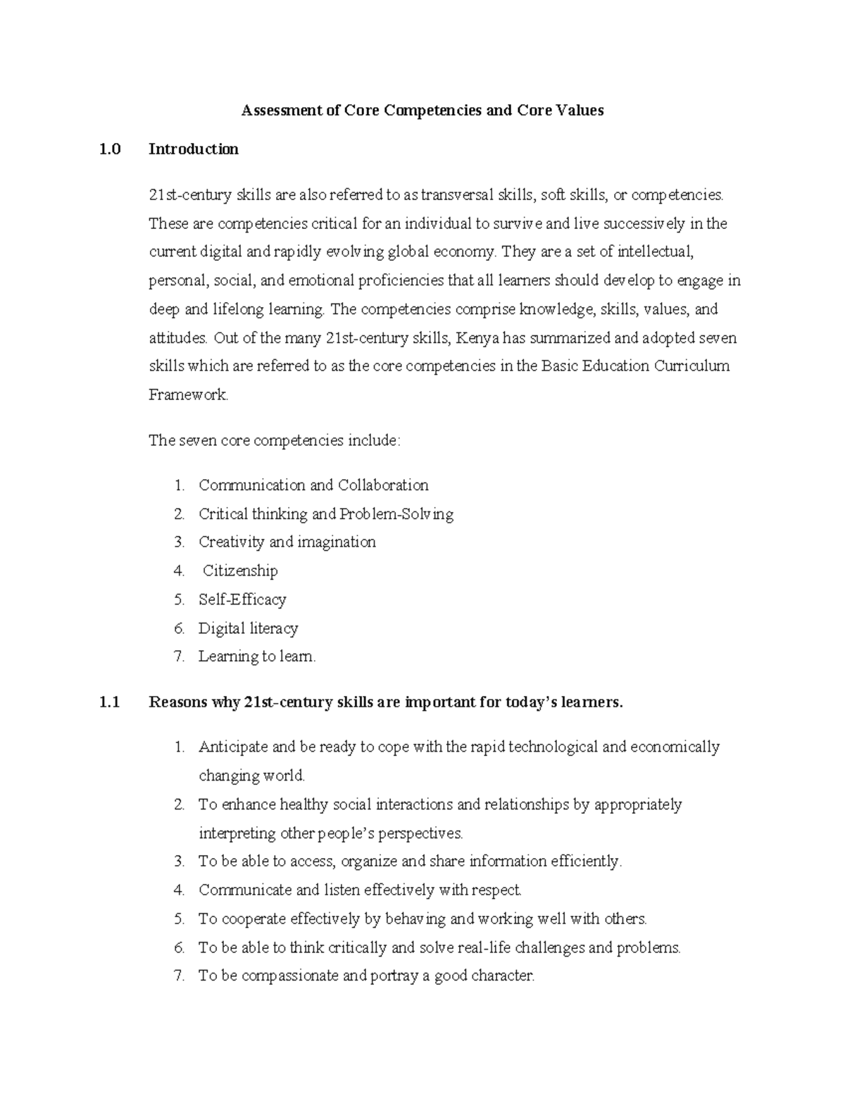 Assessment of Core Competencies and Values in Education: A ...