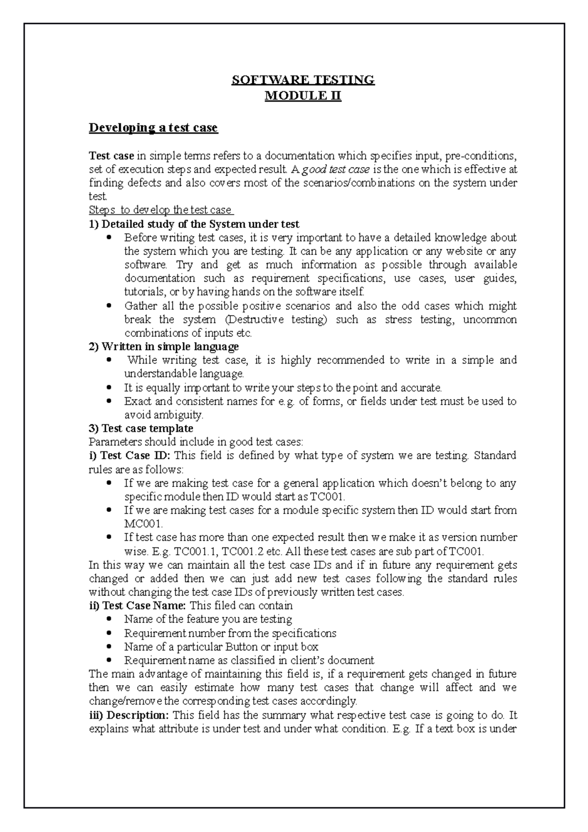 Software testing notes - SOFTWARE TESTING MODULE II Developing a test ...