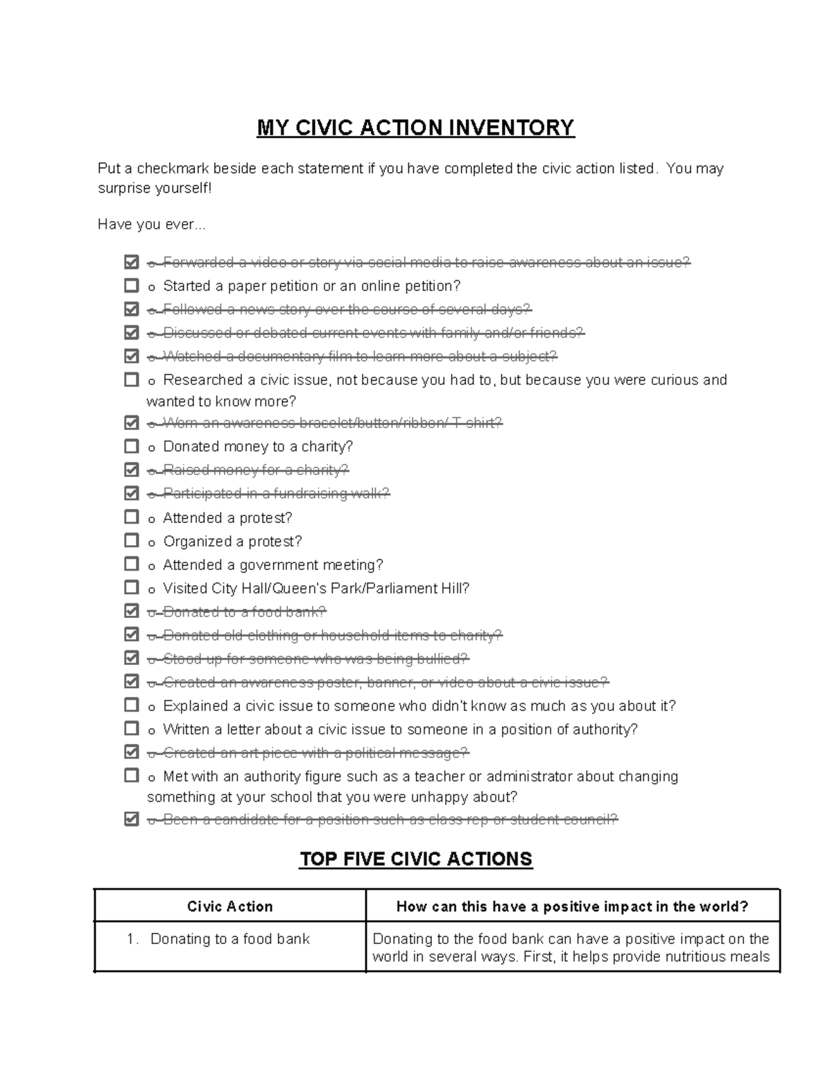 CIVIC ACTION INVENTORY: Activities for Community Engagement and Change ...